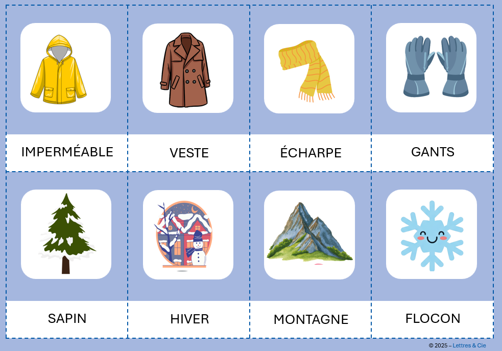 Cartes de vocabulaire hiver et vêtements